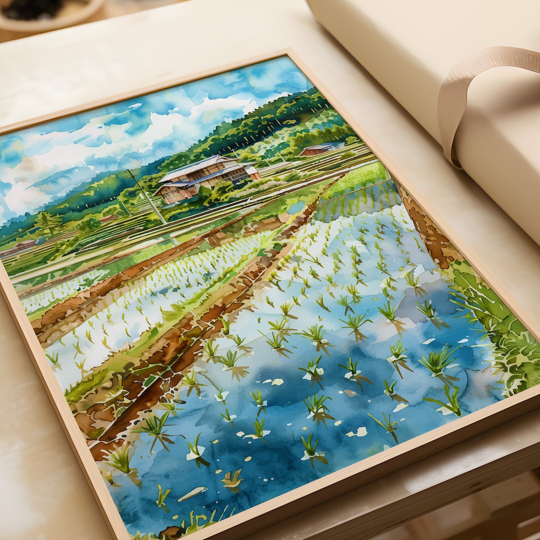 Japanese Wall Art, Watercolour, Rice Fields, Paddy Rice, Scenery Print ...