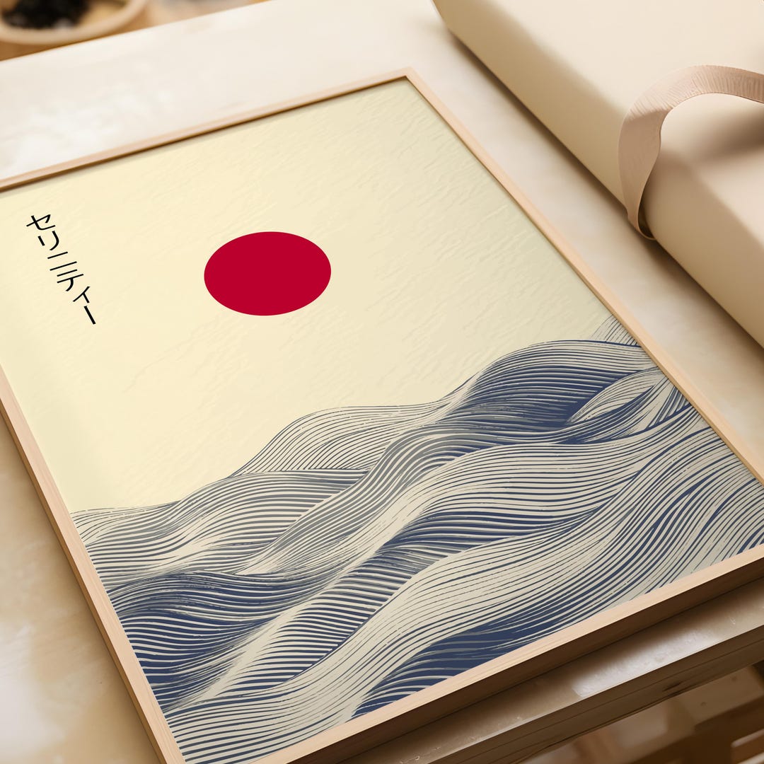 Japanese Minimalist Print: Red Sun & Abstract Waves, Zen Wall Art - Etsy