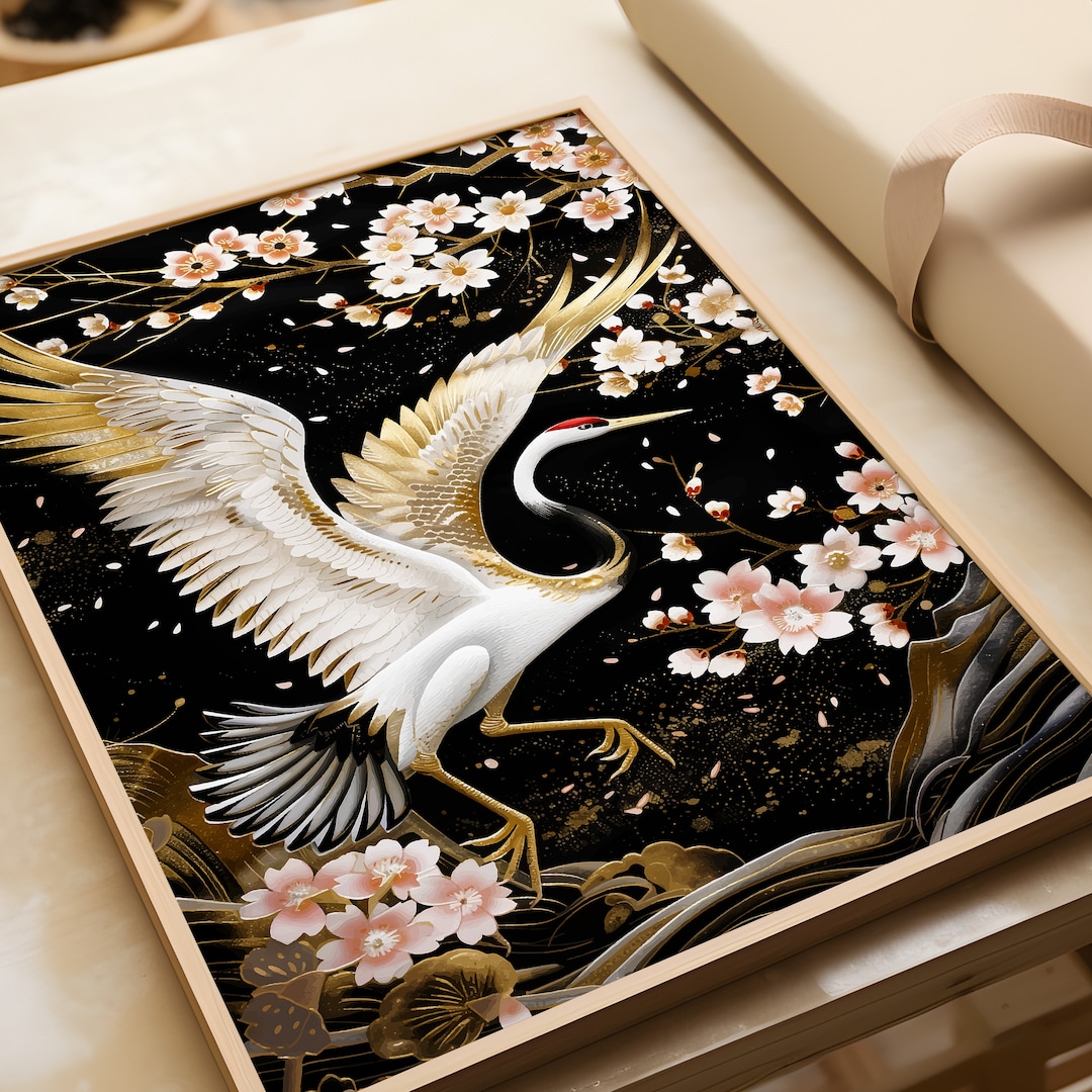 Japanese Crane Art Print: Black, White & Gold Crane Poster - Etsy