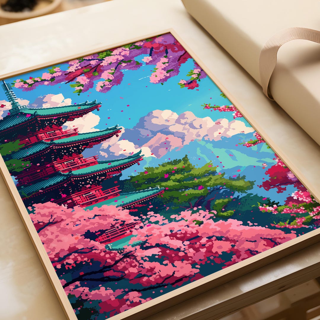 Pixel Art Japanese Pagoda Print: Cherry Blossom Japandi Decor - Etsy