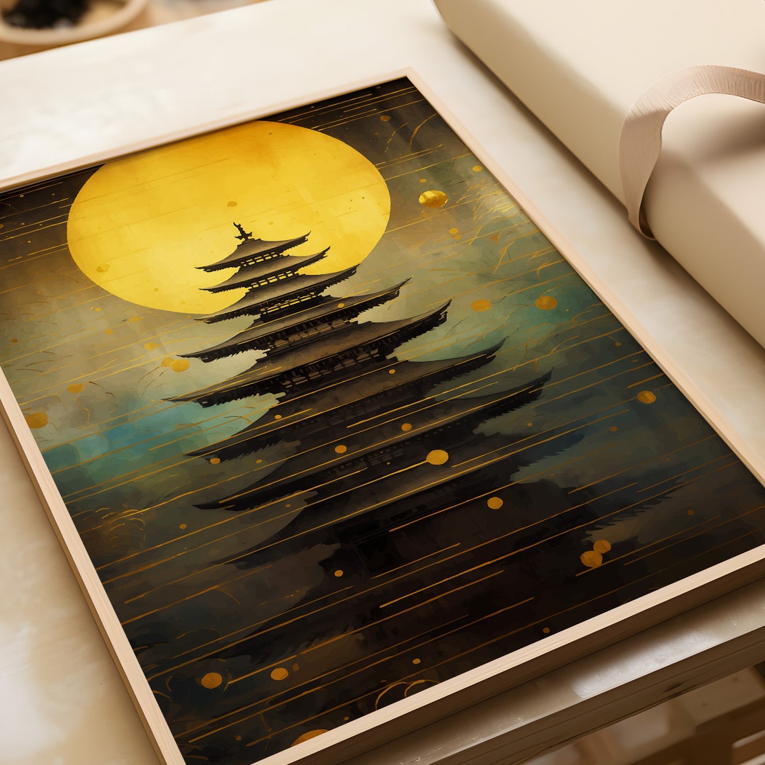 Japanese Temple Print, Japan Temple Art, Japandi Temple Art, Yellow ...