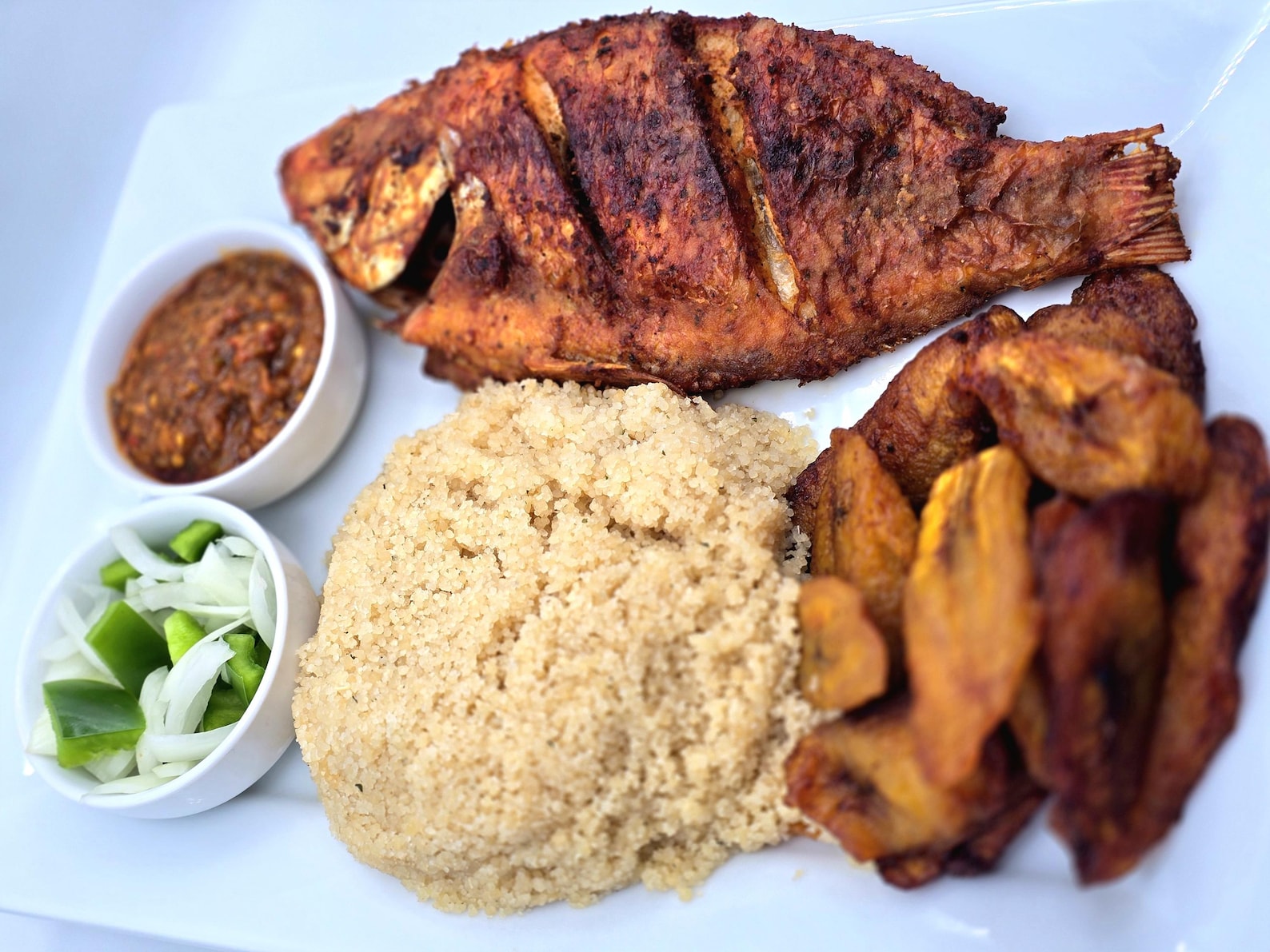 Fish, Fried Plantain, and Attieke | African Food | Liberian Food | - Etsy