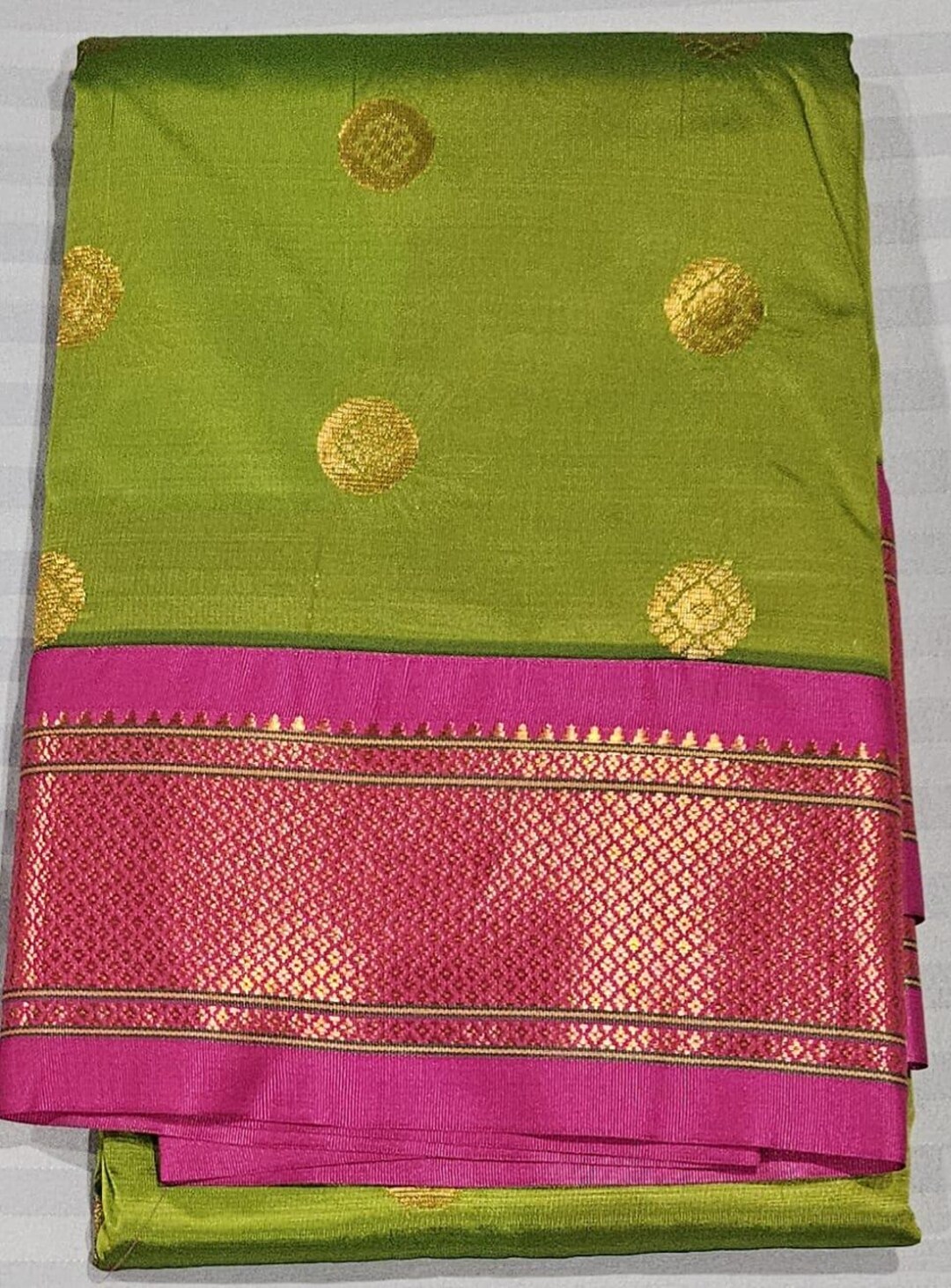 Handmade Gadwal Semi Pattu Saree: Parrot Green & Pink, Rich Pallu - Etsy