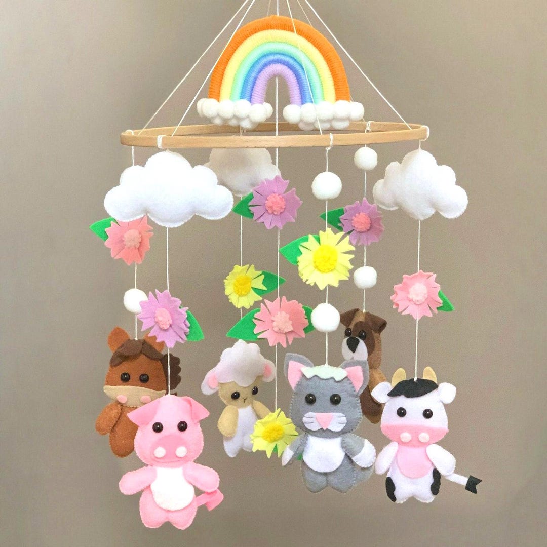 Rainbow Farm Baby Mobile: Felt Animals & Flowers Crib Decor - Etsy