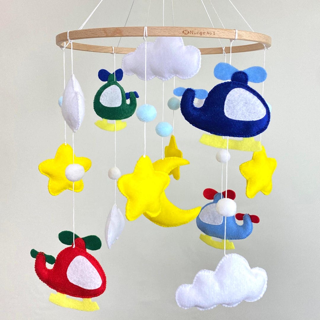 Baby Mobile Helicopters and Moon, Felt Crib Mobile, Aviation Nursery ...