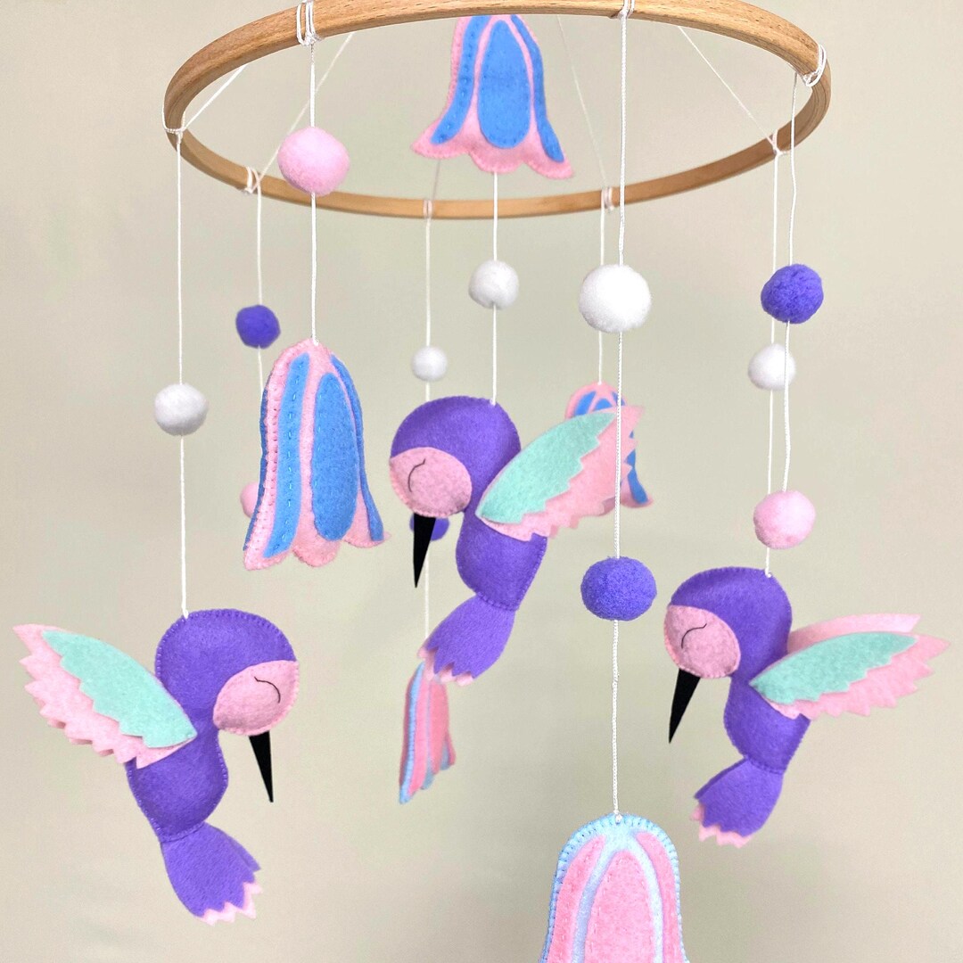 Baby Mobile Hummingbird and Flowers, Purple Pink Colibri Felt Crib ...