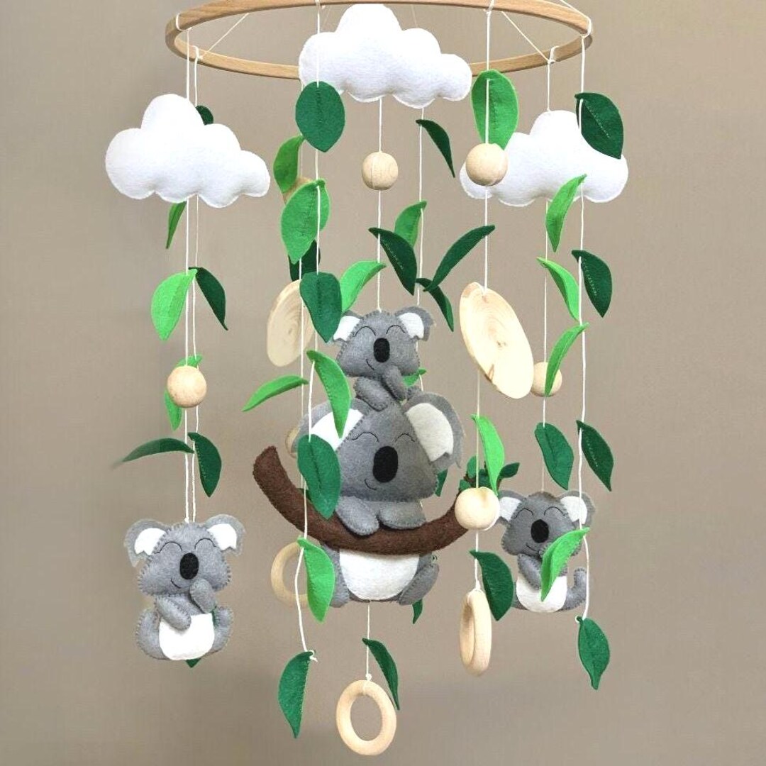 Baby Mobile Koala Mom With 3 Babies With Leaves and Clouds. Handmade ...