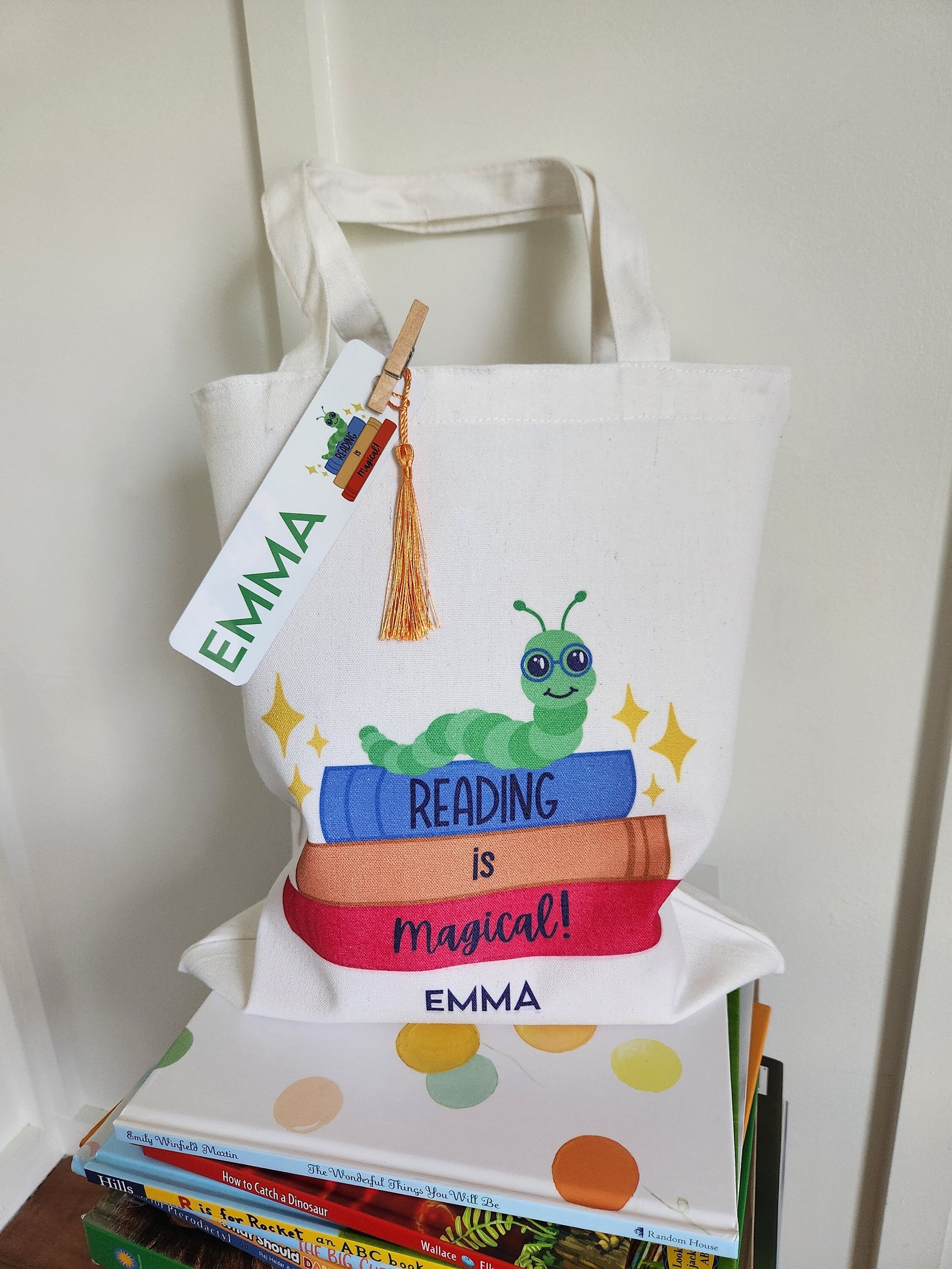 Personalized Kids Library Bag, Custom Reading Tote With Bookmark, Book ...