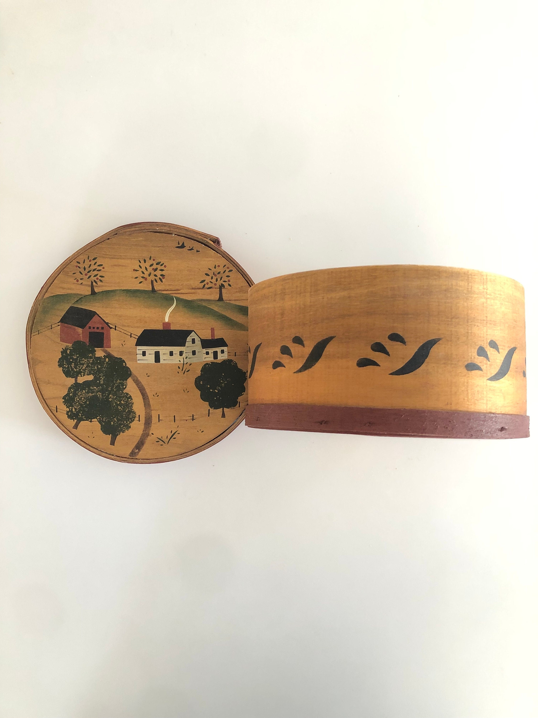 Old Shaker-style Round Hand Painted Wooden Box With Banded Lid - Etsy