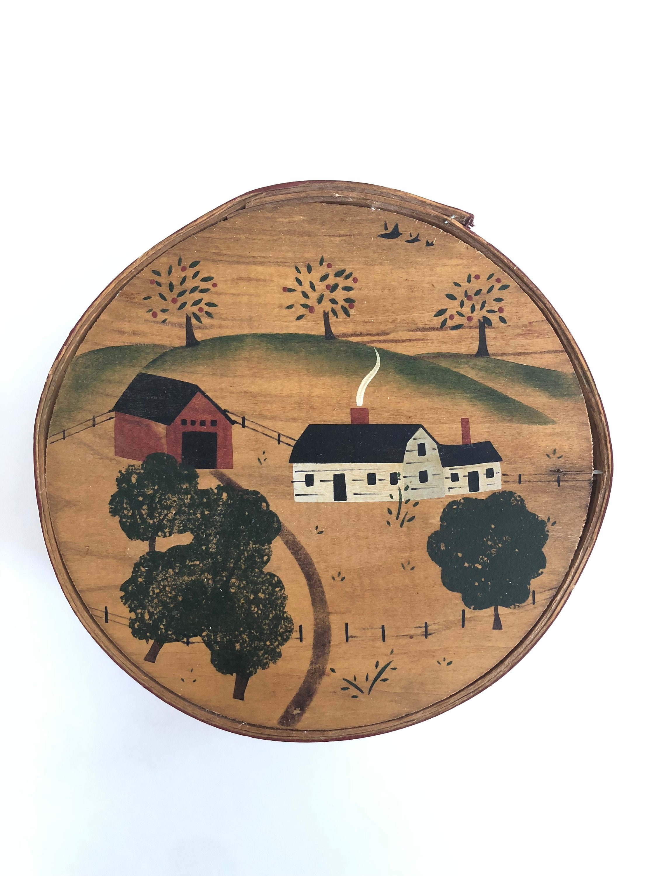 Old Shaker-style Round Hand Painted Wooden Box With Banded Lid - Etsy