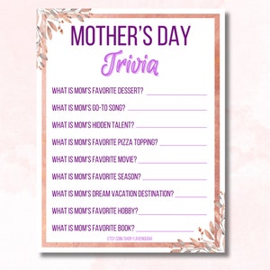 Fun Mother's Day Game | Printable Trivia for Mom & Grandma | Instant ...