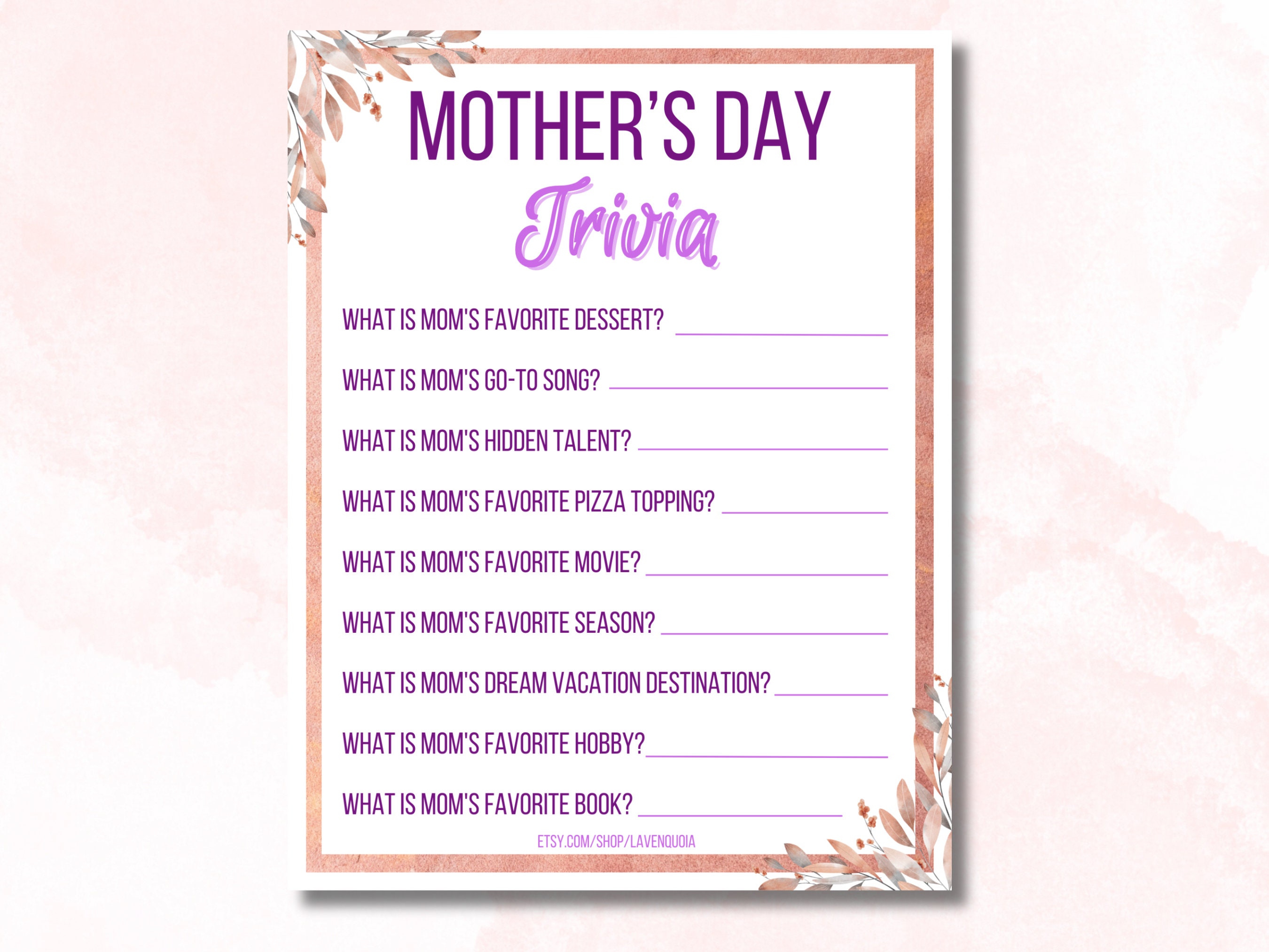 Fun Mother's Day Game | Printable Trivia for Mom & Grandma | Instant ...
