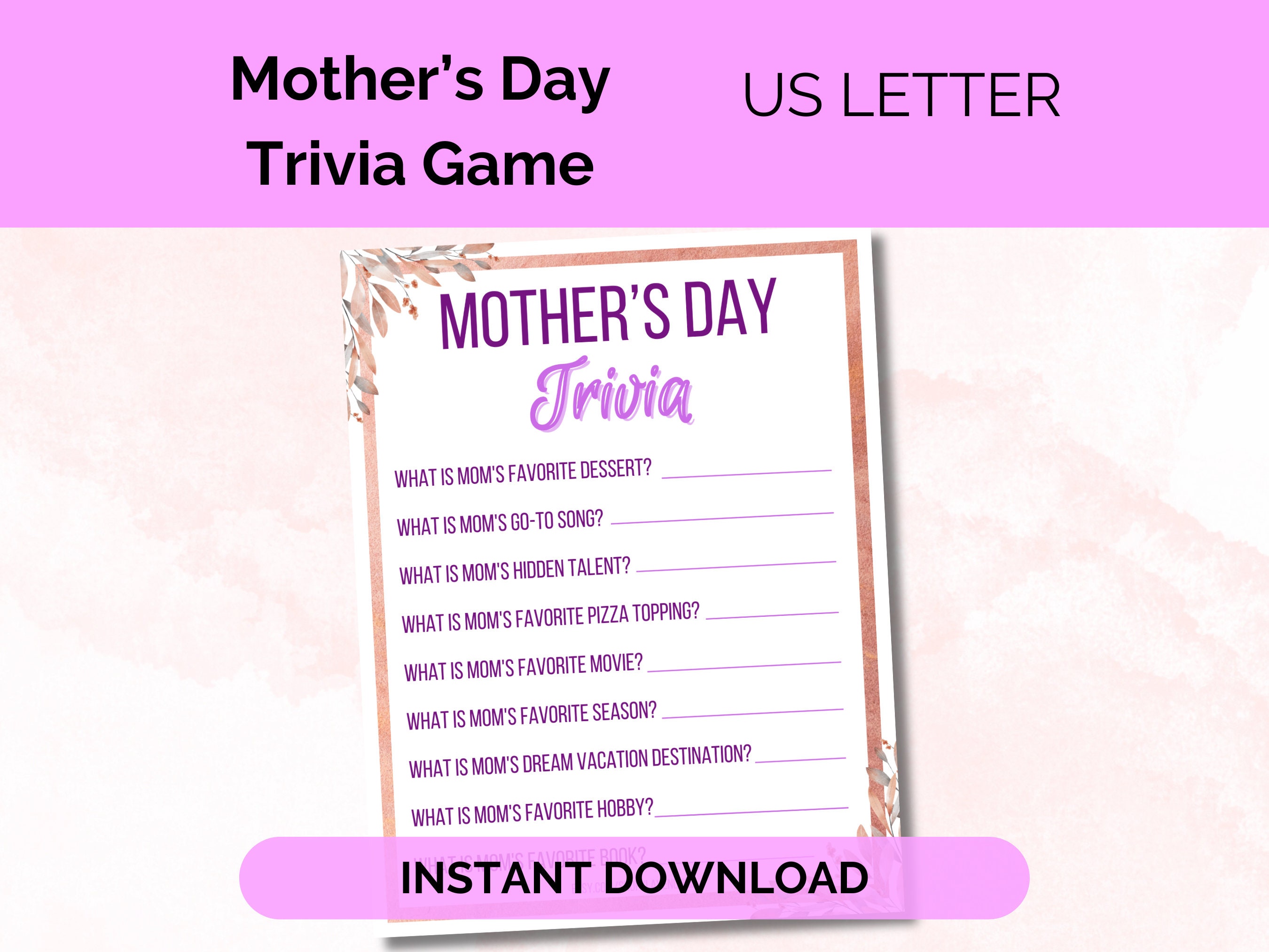 Fun Mother's Day Game | Printable Trivia for Mom & Grandma | Instant ...