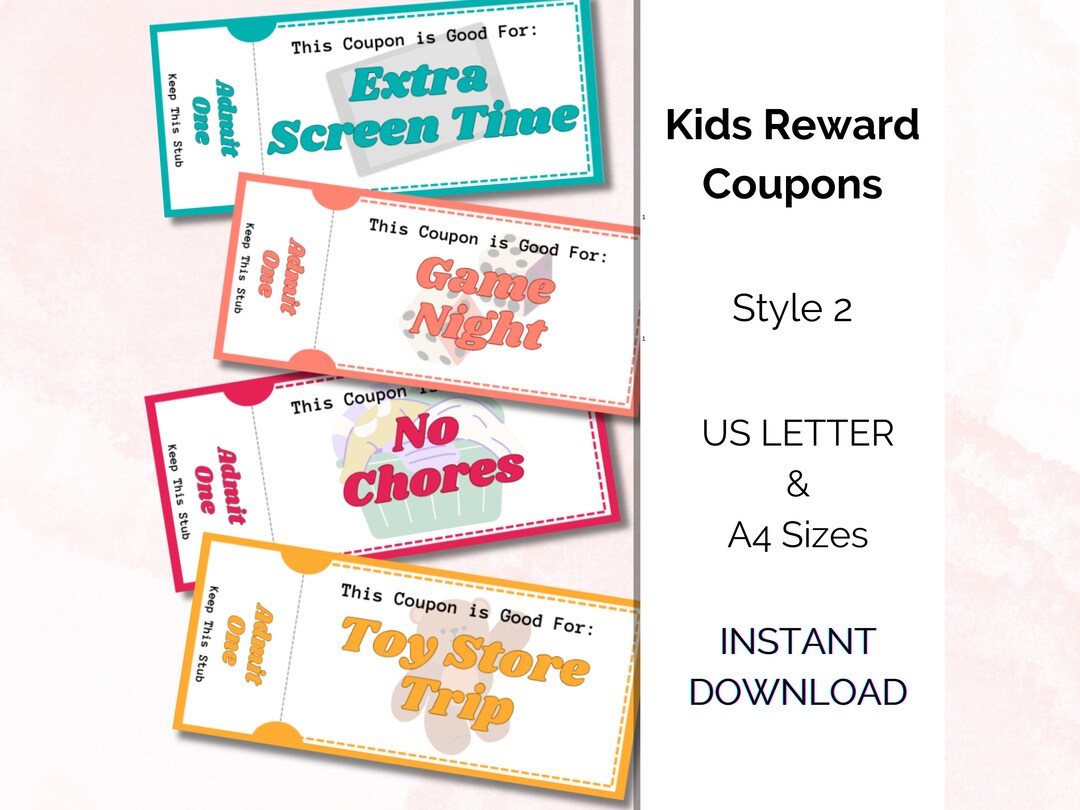 Kids Reward Coupons Digital Download Reward System for Kids Activities ...
