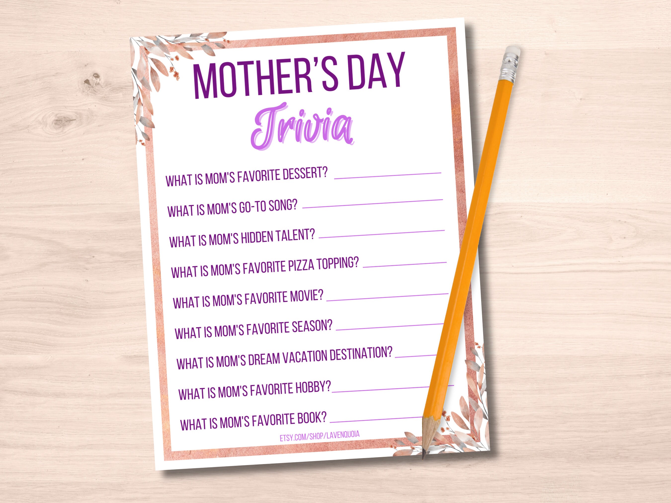 Fun Mother's Day Game | Printable Trivia for Mom & Grandma | Instant ...