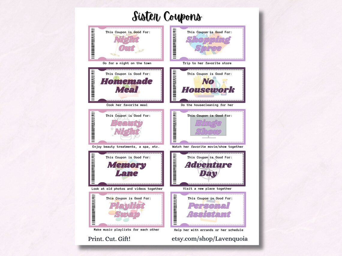 Sister Gifts Birthday Coupon Book Digital Download Best Friend Gift ...