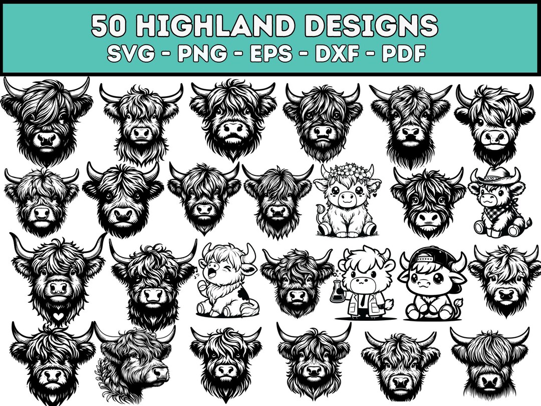50 Png, Cute Highland Cow Clipart Bundle, Happy Highland Cow Clipart ...