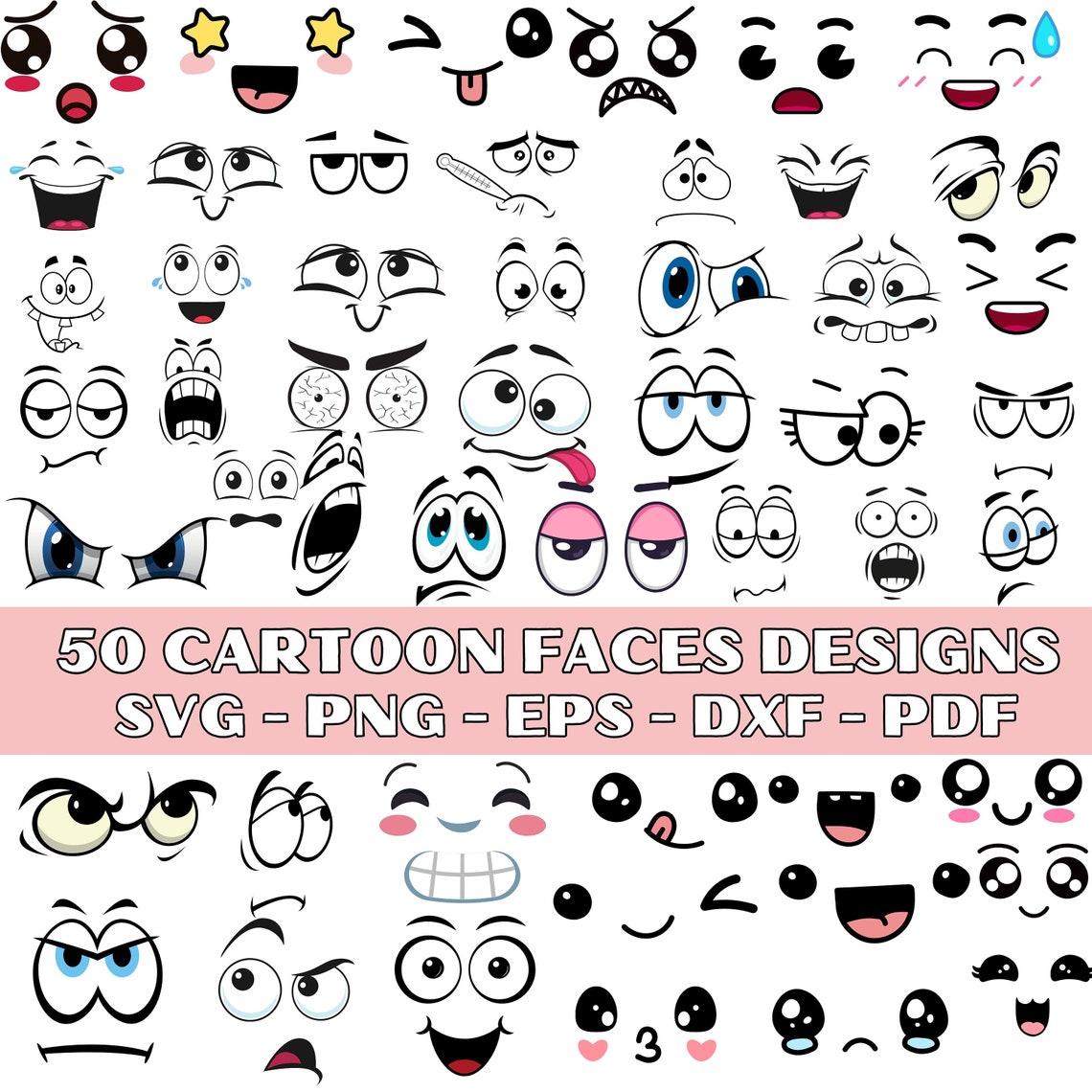 Cartoon Emotion Faces SVG Bundle, Kawaii Face SVG, Cute Funny Face SVG ...