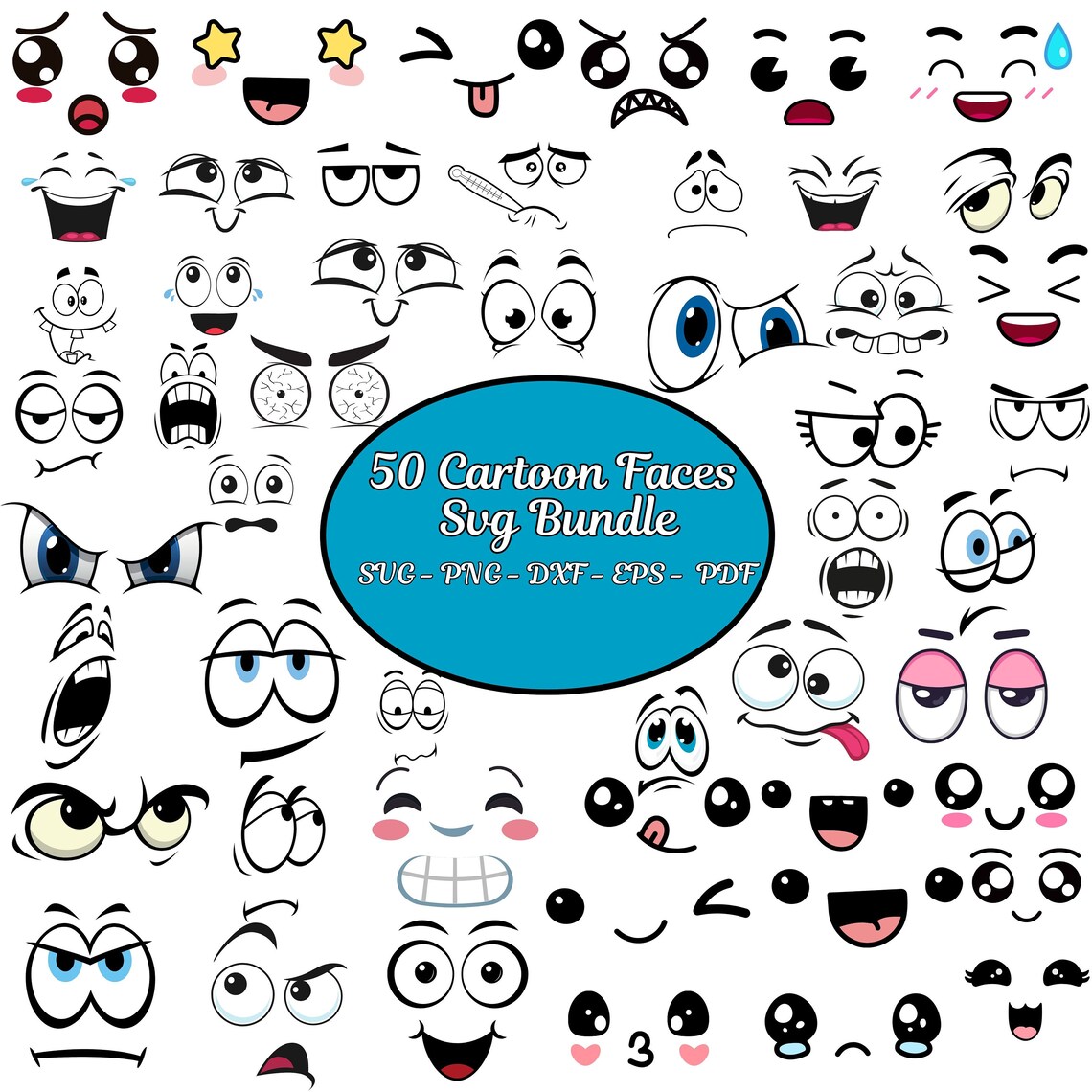 Cartoon Emotion Faces SVG Bundle, Kawaii Face SVG, Cute Funny Face SVG ...