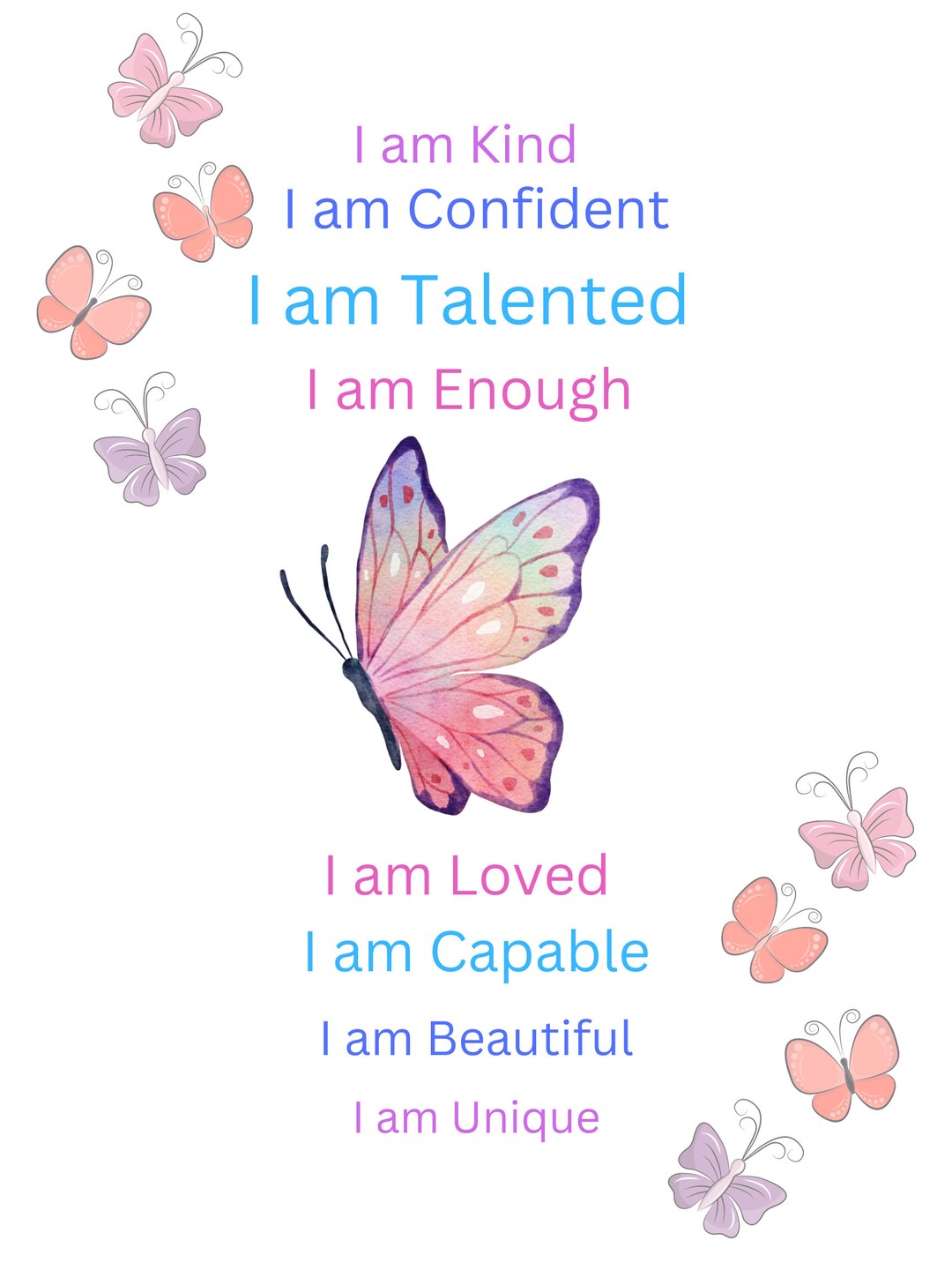Printable Daily Affirmations W. Butterflies for Girl Bedrooms Child's ...