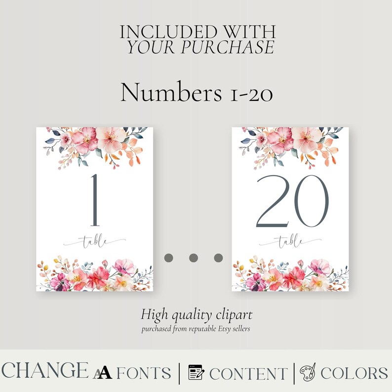 Colorful Floral Table Number Template | Dusty Pink Yellow Watercolor ...
