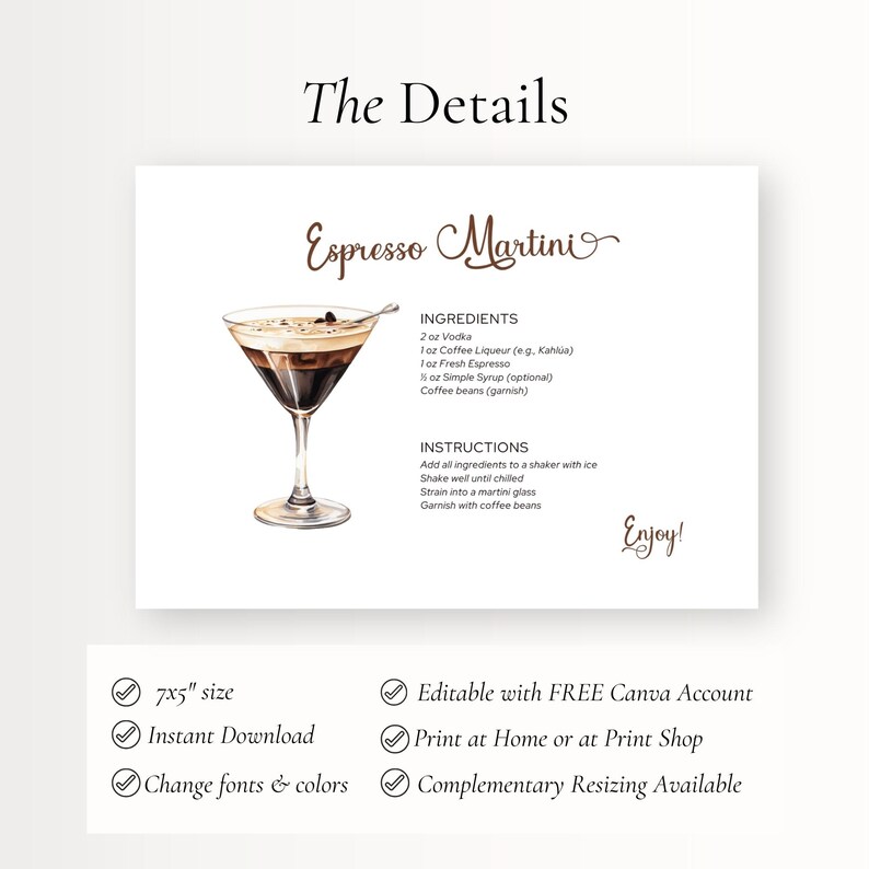 Espresso Martini Recipe Card 7x5 | Watercolor Brown Drink Cocktail ...