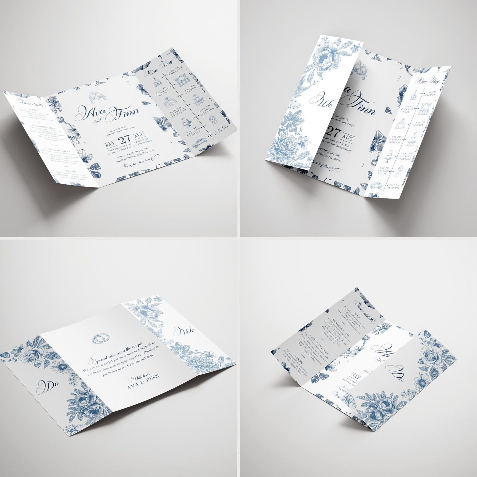 French Blue Gatefold Wedding Invitation Canva, Trifold Invite With Icon ...