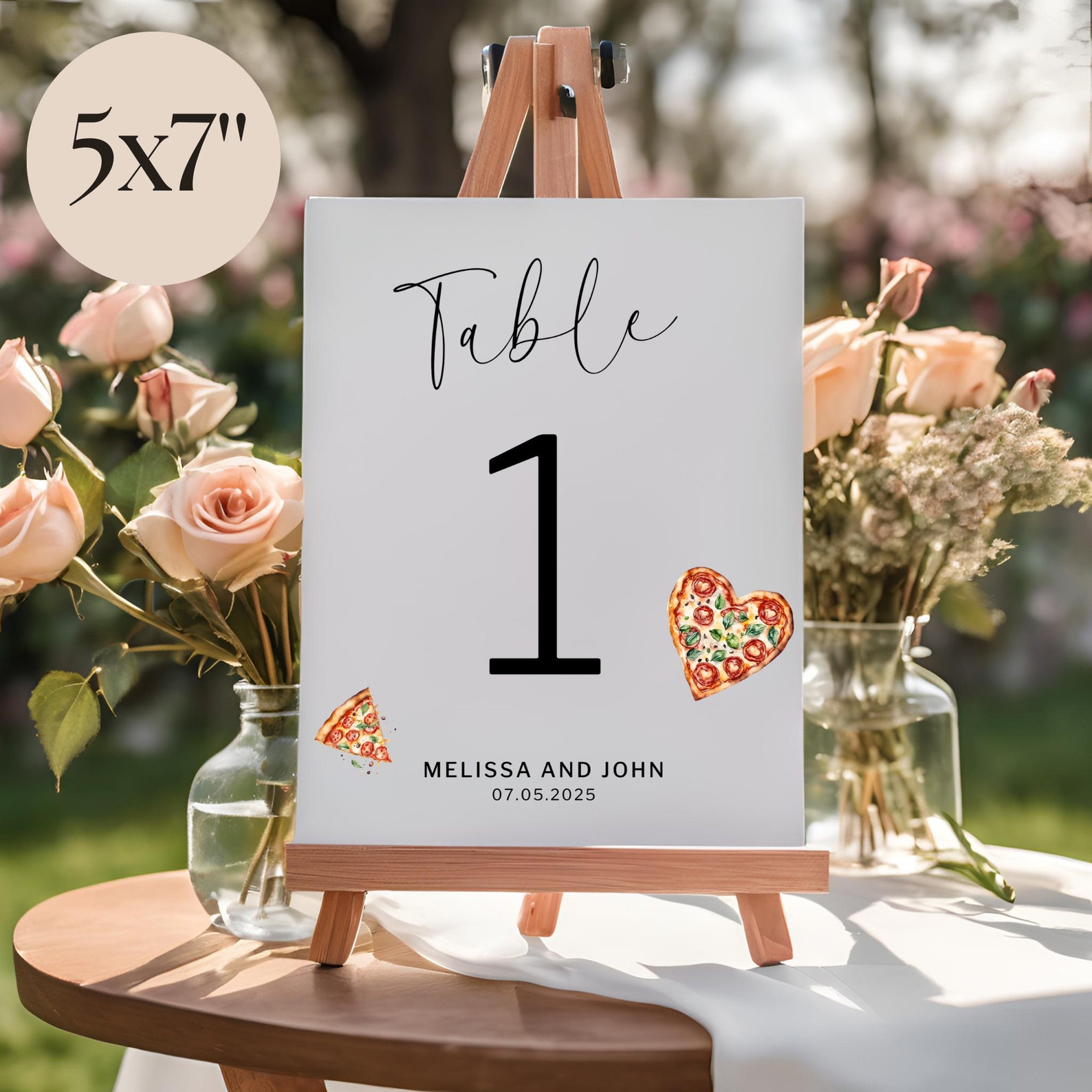 Table Number Signs Minimalistic & Heart Shaped Pizza Card Editable ...