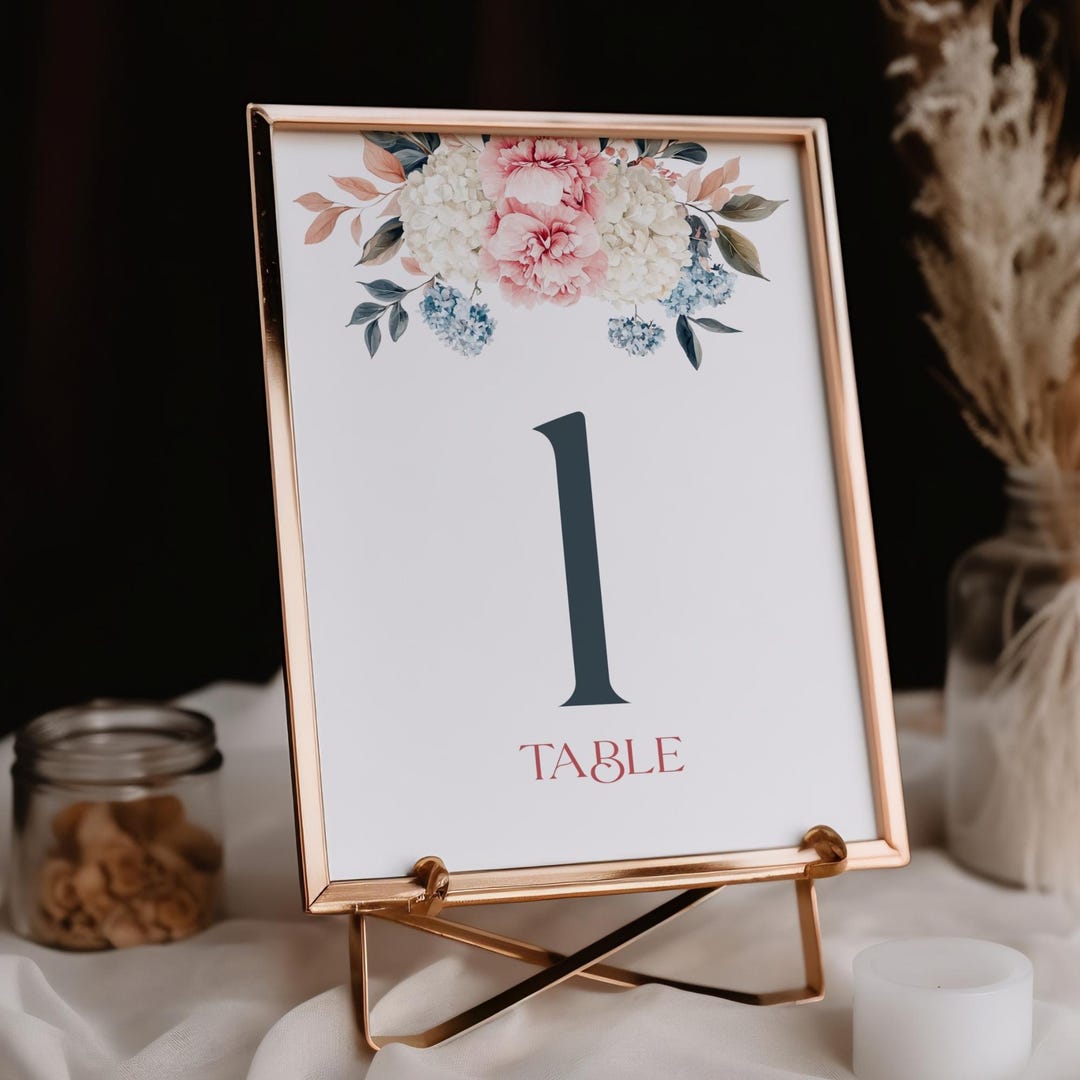 Colorful Floral Table Number Template | White Pink Blue Watercolor ...