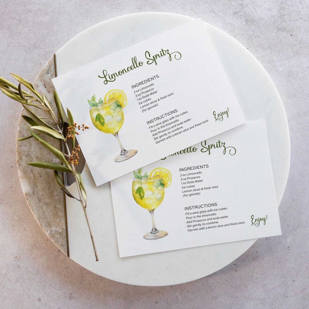 Limoncello Spritz Recipe Card | Watercolor Lemon Mint Drink Cocktail ...