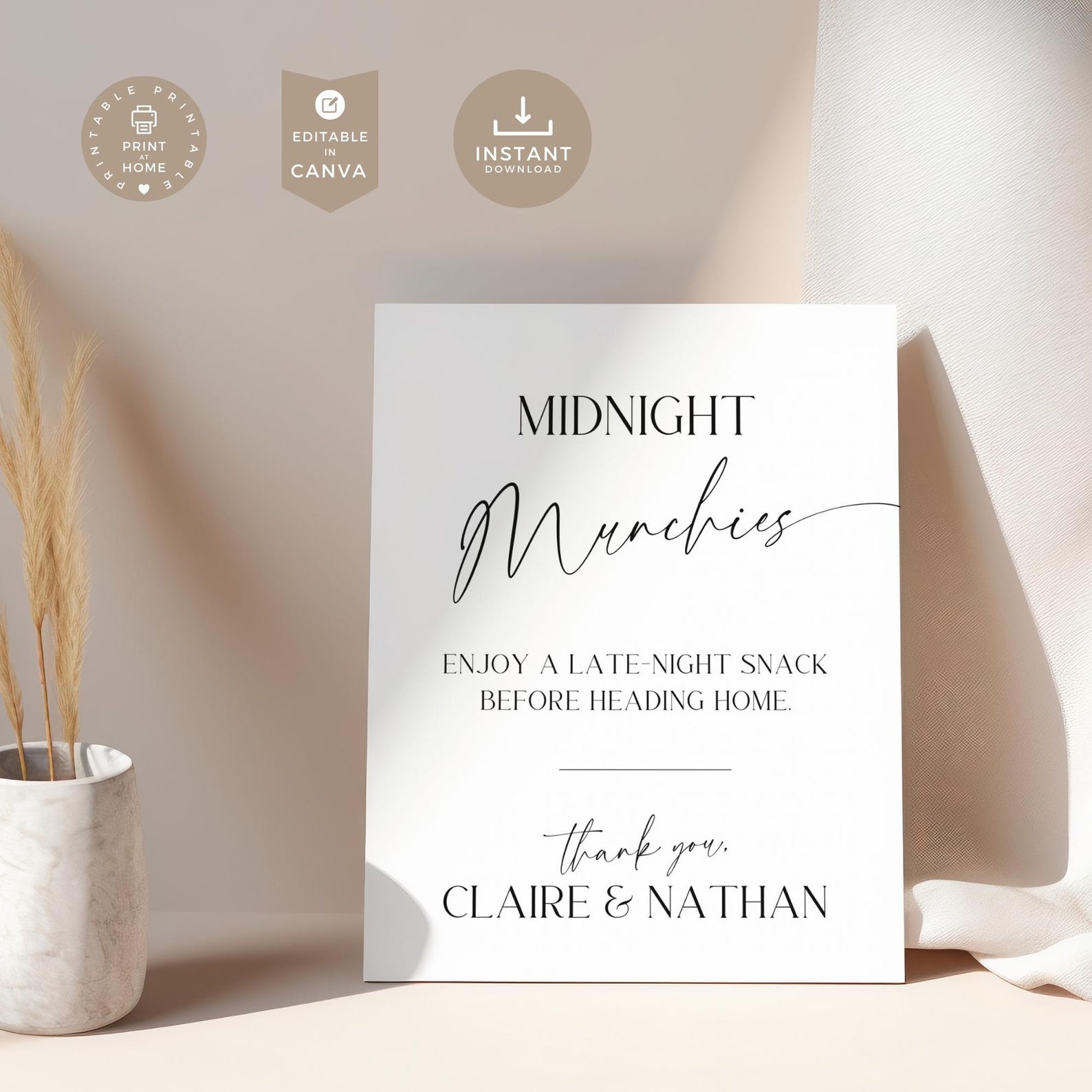 Minimal Midnight Munchies Sign Template Canva | Modern Wedding Snack ...