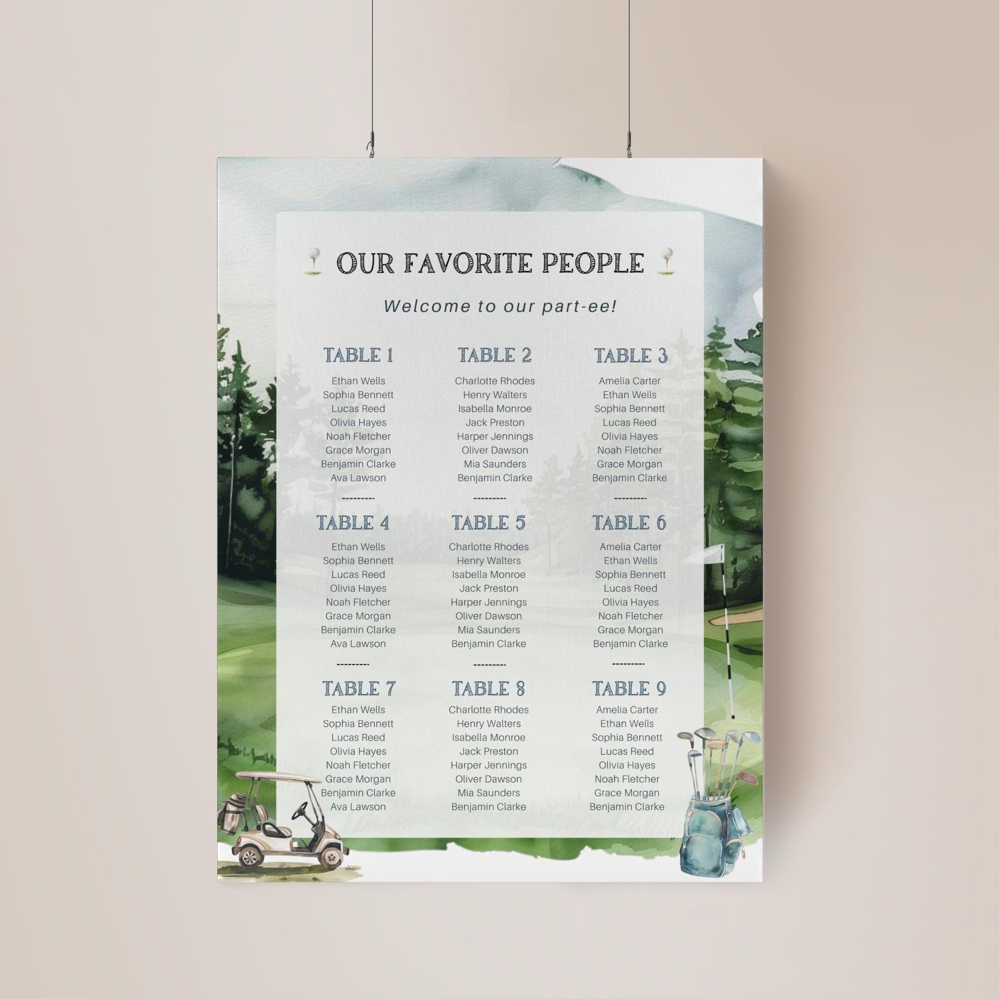 GOLF Themed Wedding Seating Chart Template | Printable Signage Guest ...