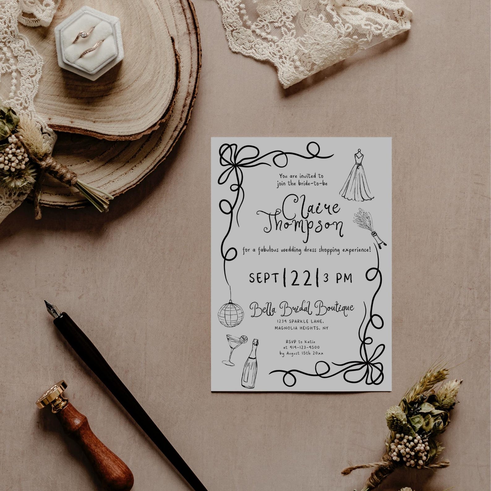 Whimsical I Said Yes to the DRESS Dress Bridal Shower Invite, Black ...