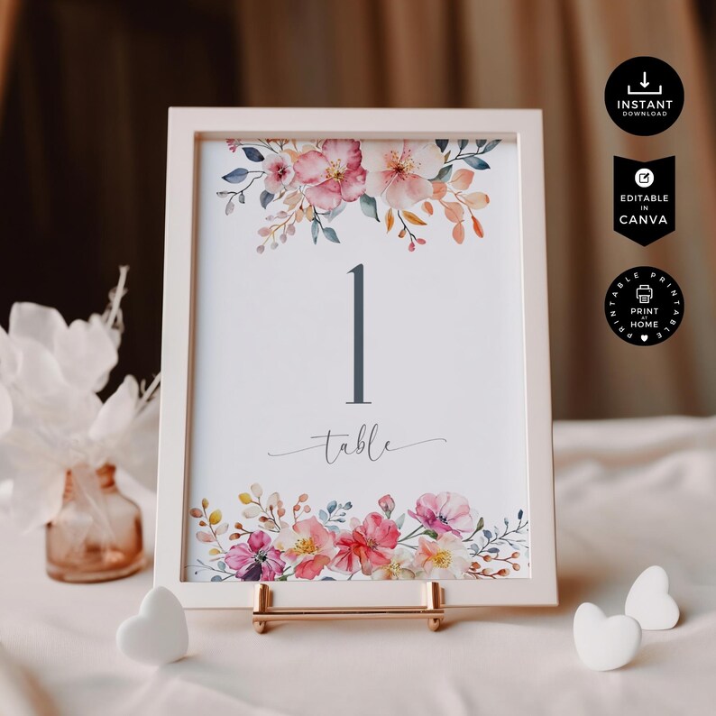 Colorful Floral Table Number Template | Dusty Pink Yellow Watercolor ...