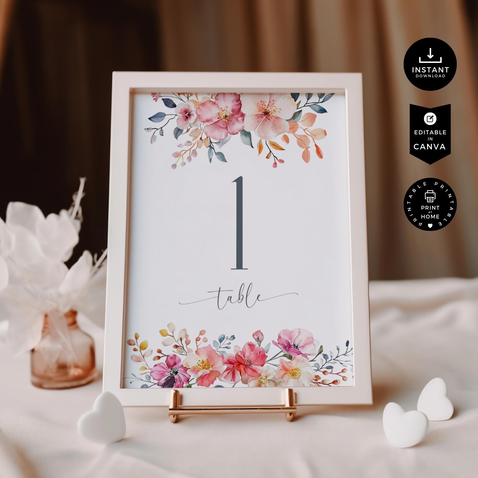 Colorful Floral Table Number Template | Dusty Pink Yellow Watercolor ...