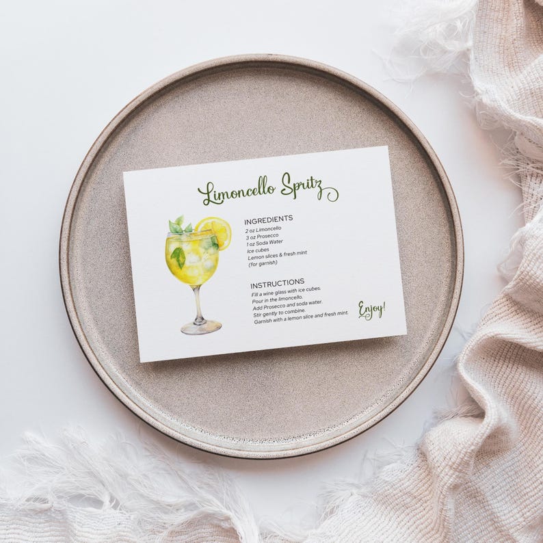 Limoncello Spritz Recipe Card | Watercolor Lemon Mint Drink Cocktail ...