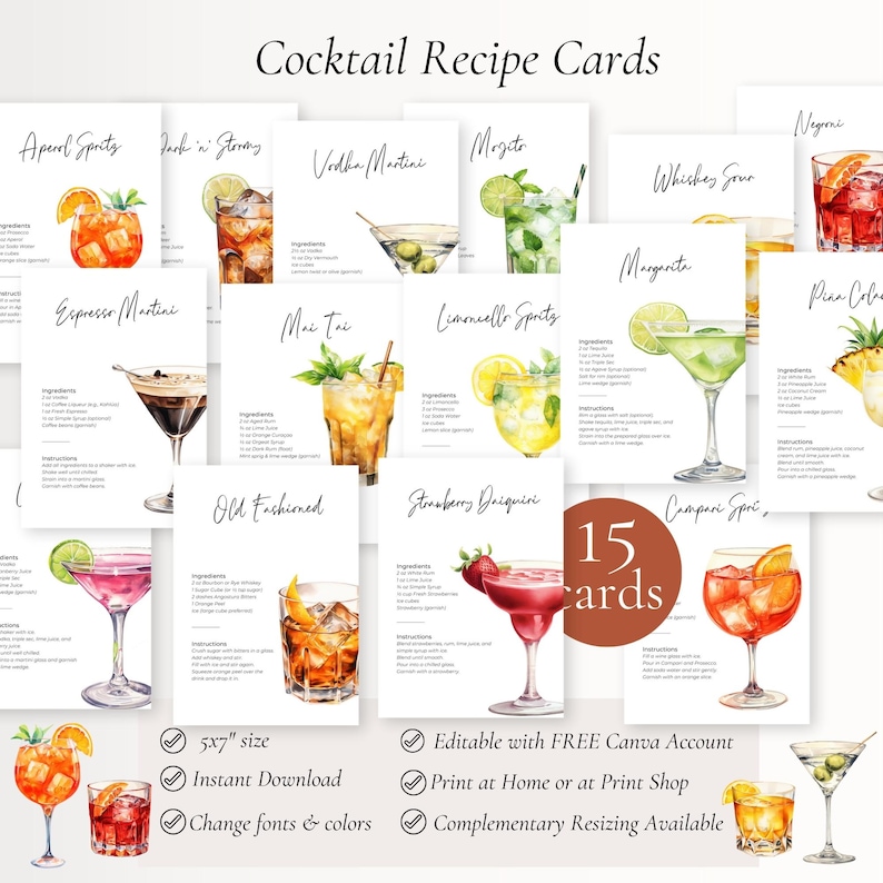 15 Party Cocktails Recipe Card Printable | Aperol Spritz, Limoncello ...