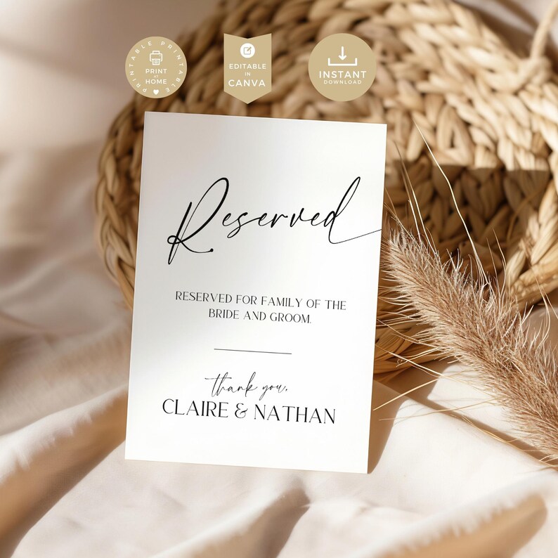 Wedding Reserved Sign Template Canva | Reserved Row and Seat for Family ...