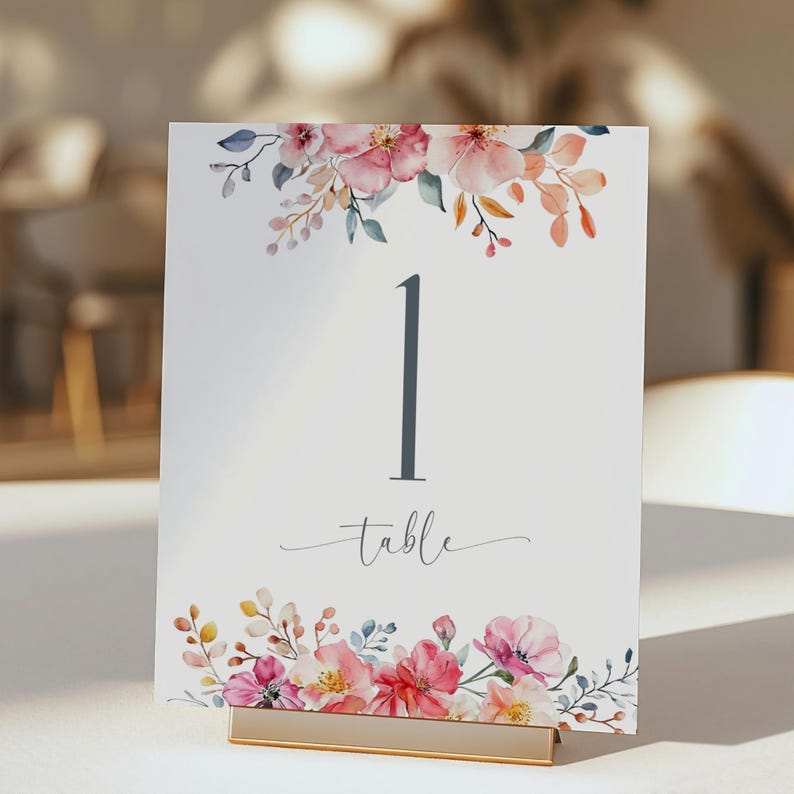 Colorful Floral Table Number Template | Dusty Pink Yellow Watercolor ...