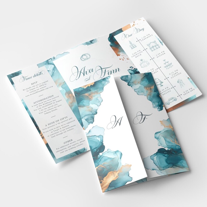 Dark Teal and Burnt Orange Trifold Wedding Invitation, Gatefold Invite ...