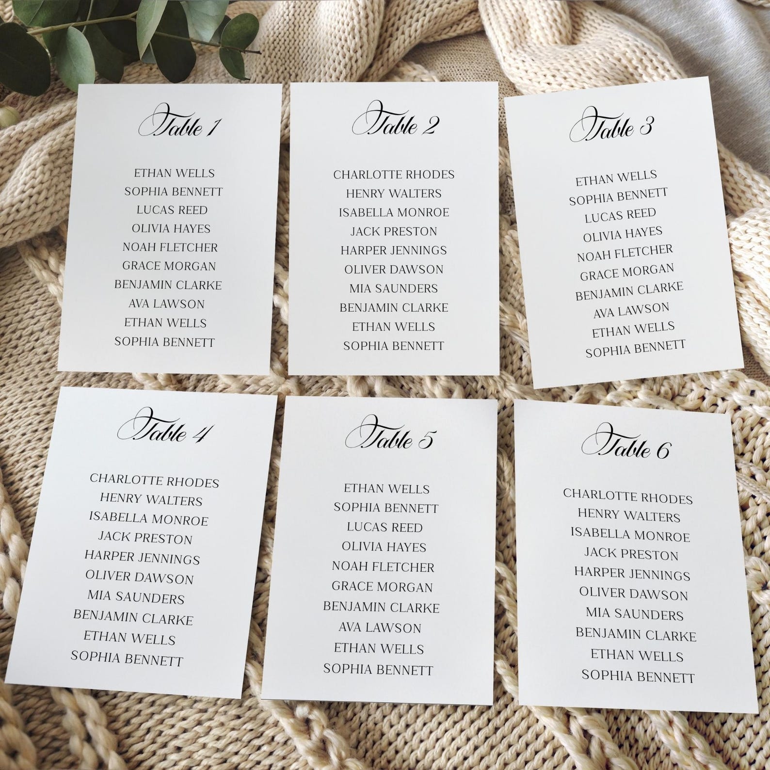 Wedding Printable Seating Cards Chart Modern Font Template 4x6 ...