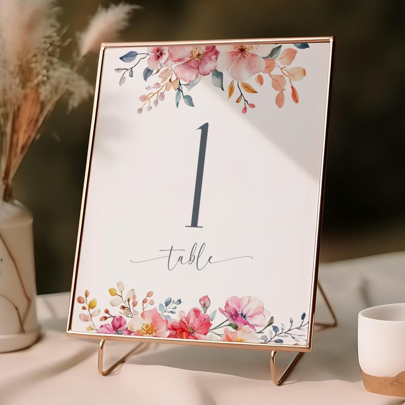 Colorful Floral Table Number Template | Dusty Pink Yellow Watercolor ...