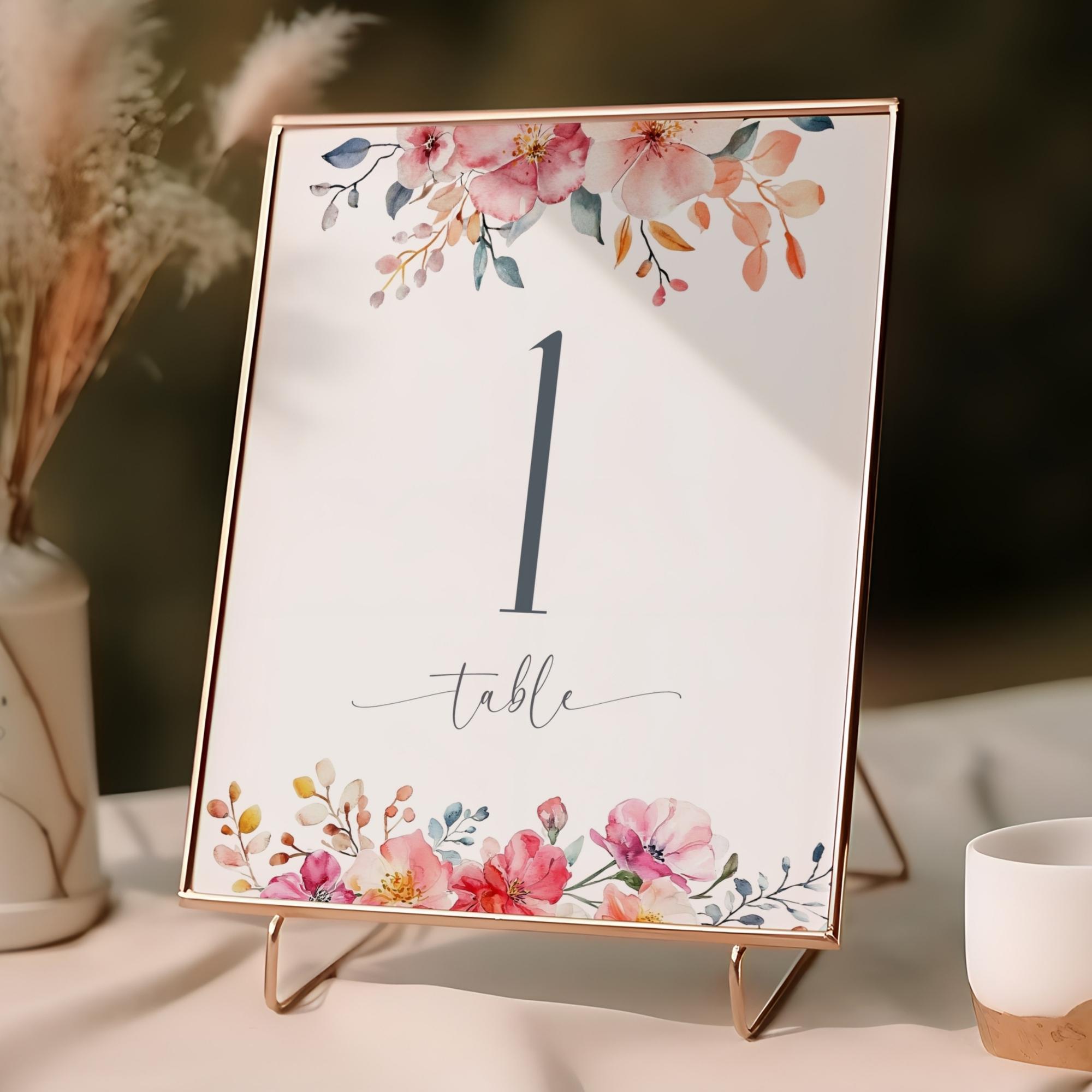 Colorful Floral Table Number Template | Dusty Pink Yellow Watercolor ...