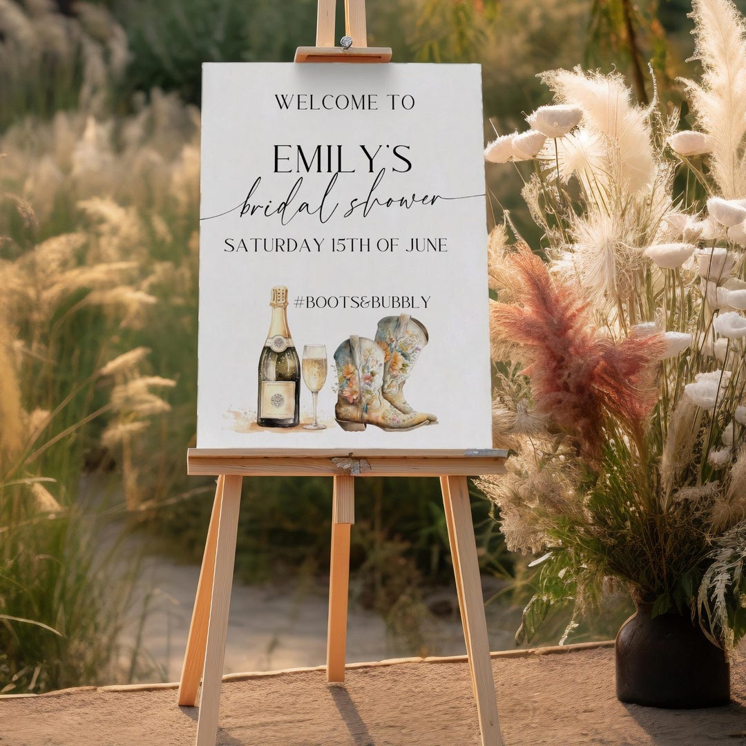Boho Floral Boots and Bubbly Bridal Shower Welcome Sign, Champagne ...