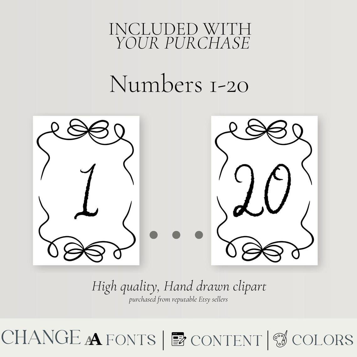 Table Numbers Printable Handwritten | Bow Hand Drawn Doodle ...