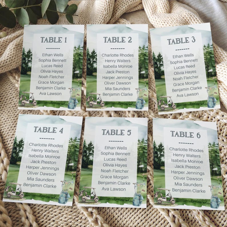 GOLF Themed Wedding Seating Cards Chart Template 4x6 | Printable Guest ...