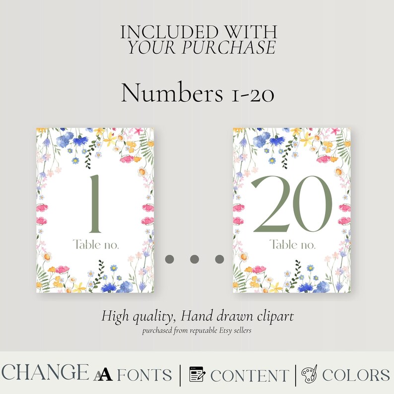 Colorful Floral Table Number Template | Dusty Pink Yellow Hand Painted ...