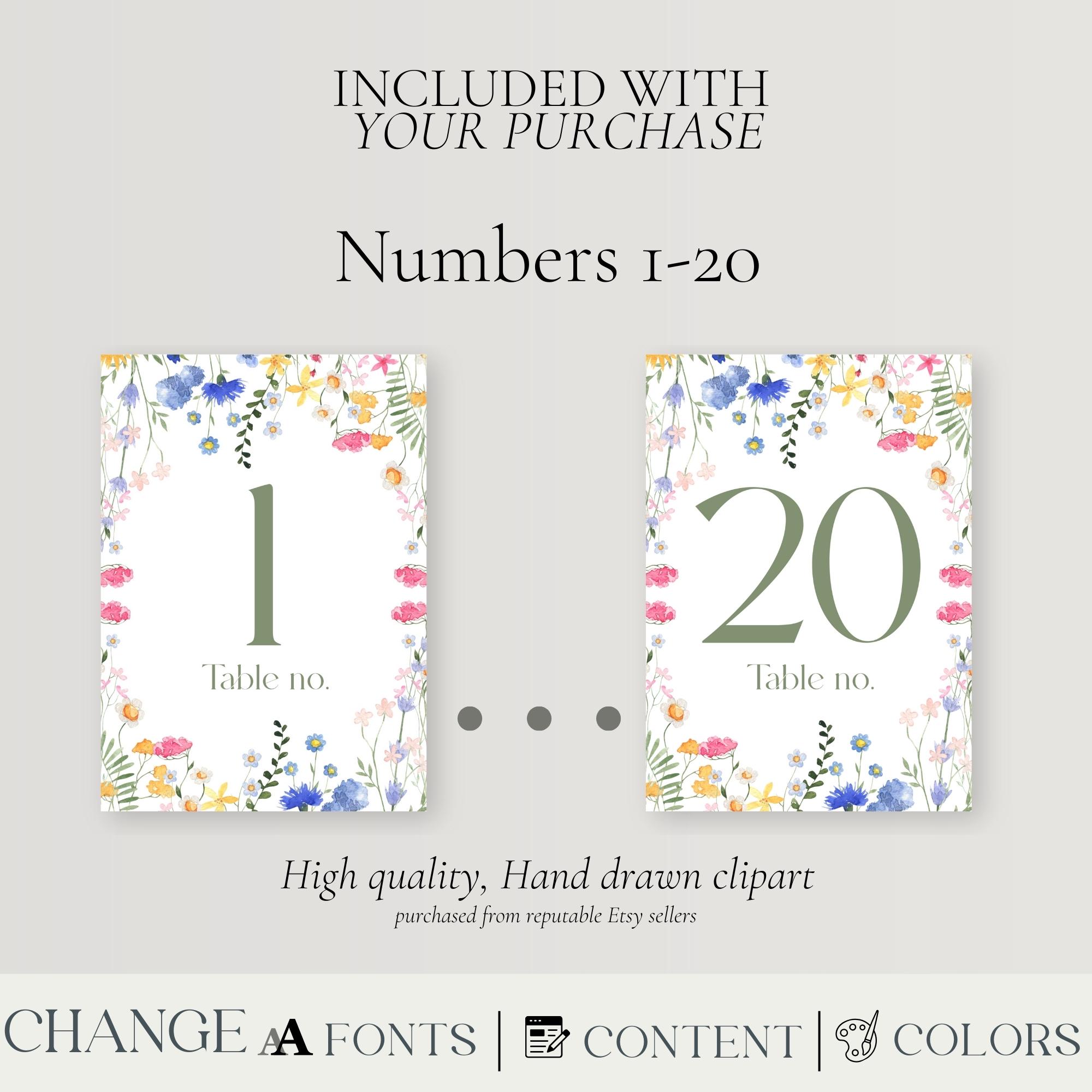Colorful Floral Table Number Template | Dusty Pink Yellow Hand Painted ...