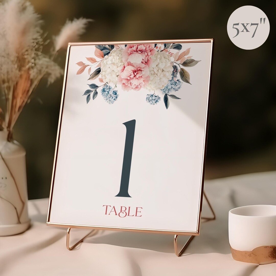 Colorful Floral Table Number Template White Pink Blue Watercolor ...