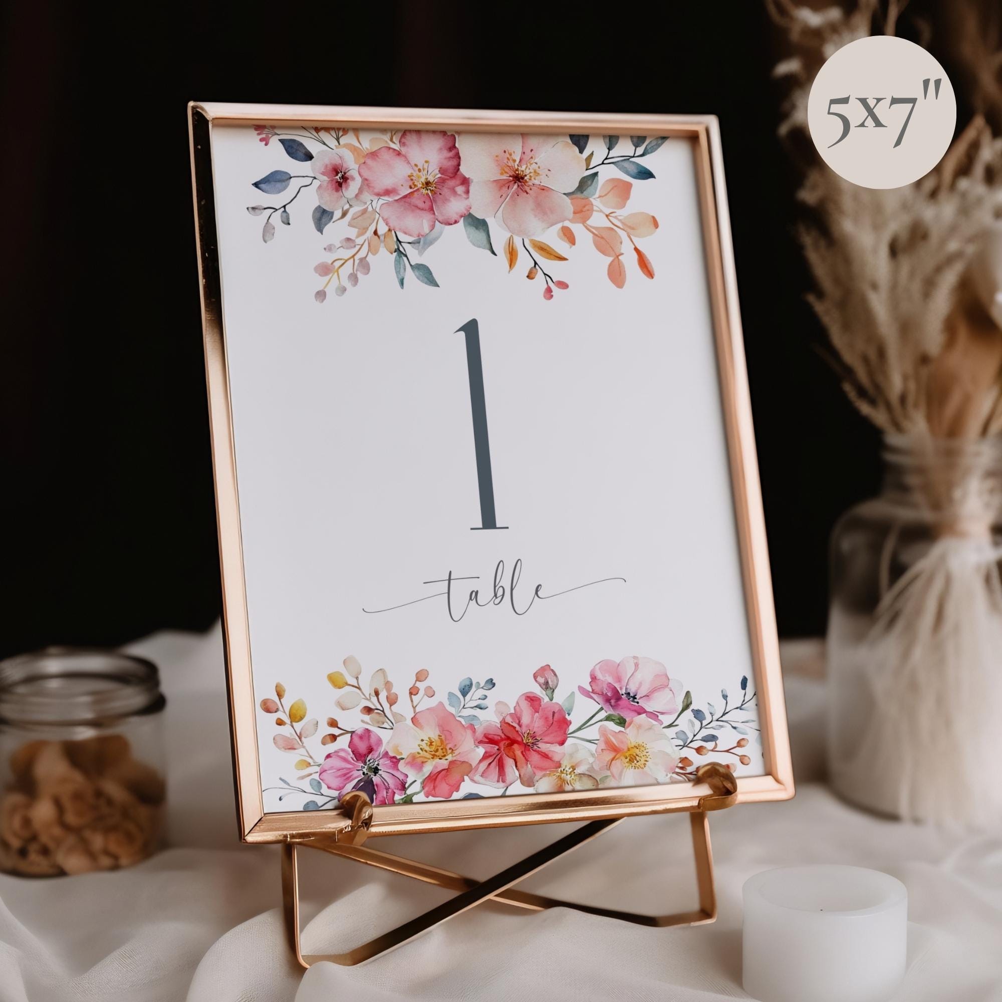 Colorful Floral Table Number Template | Dusty Pink Yellow Watercolor ...